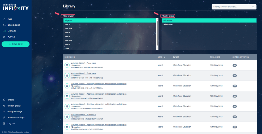 How to browse and find all quizzes within my Infinity account
